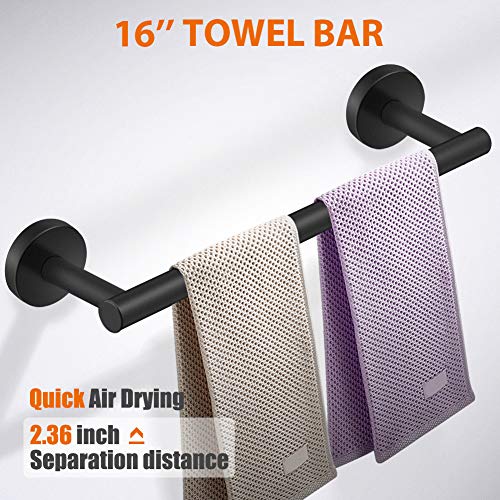 Tudoccy 5-Pieces Matte Black Bathroom Hardware Set SUS304 Stainless Steel Round Wall Mounted - Includes 16" Hand Towel Bar, Toilet Paper Holder, 3 Robe Towel Hooks,Bathroom Accessories Kit