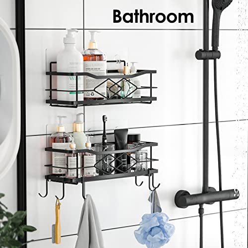 Doimeri 2 Pack with 6 Hooks, Self-Adhesive Shower Caddy Bathroom Shelf, No Drilling Premium Stainless Steel Shower Rack for Inside Shower Storage Organizer (Matte Black)