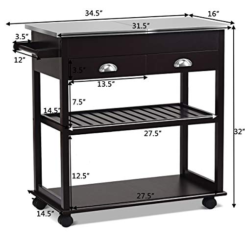 Giantex Kitchen Trolley Cart Rolling Island Cart w/Stainless Steel Flip Top Cutting Table 2 Drawers 2 Shelves Multipurpose Storage Cart Microwave Cart with Towel Rack and Casters (Brown)