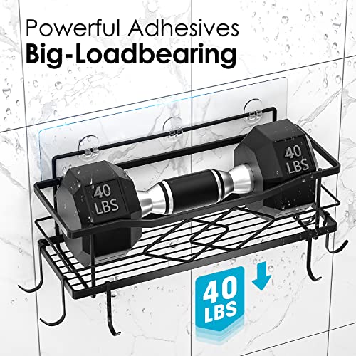 Doimeri 2 Pack with 6 Hooks, Self-Adhesive Shower Caddy Bathroom Shelf, No Drilling Premium Stainless Steel Shower Rack for Inside Shower Storage Organizer (Matte Black)
