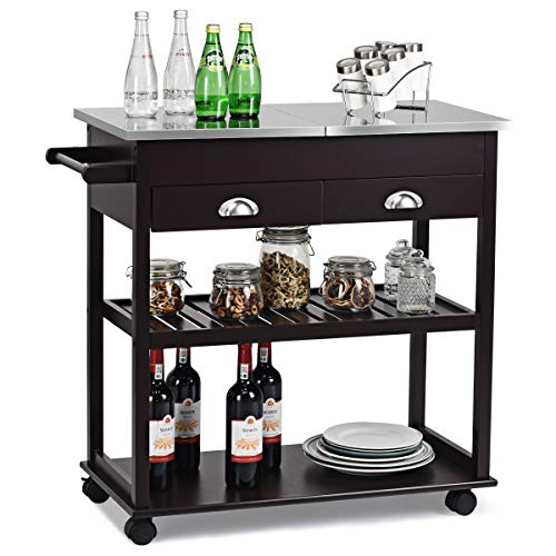Giantex Kitchen Trolley Cart Rolling Island Cart w/Stainless Steel Flip Top Cutting Table 2 Drawers 2 Shelves Multipurpose Storage Cart Microwave Cart with Towel Rack and Casters (Brown)