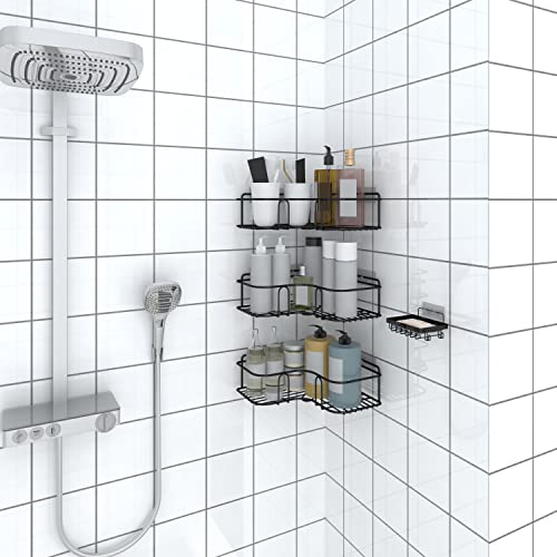KOPORASION Corner Shower Caddy, Shower Shelves Basket Rack with Adhesive Hooks and Soap Dish,RustProof Stainless Steel Shower Organzier for Bathroom Storage, Toilet,Kitchen (3 Pack)