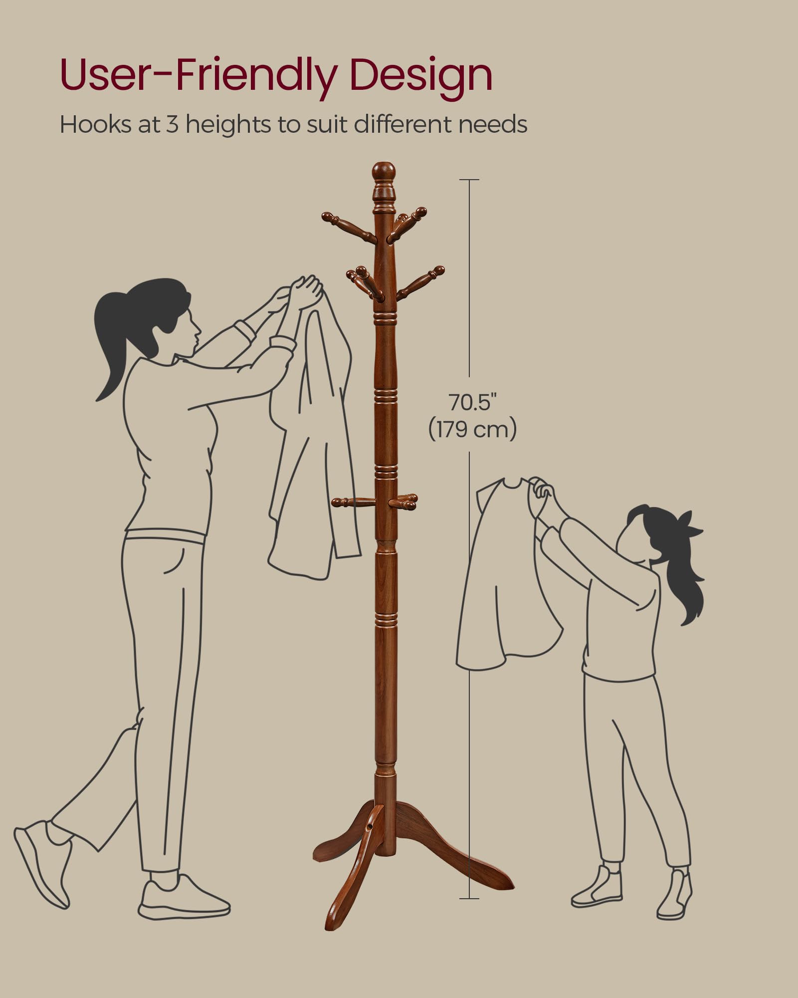 VASAGLE Solid Wood Coat Rack and Stand, Free Standing Hall Coat Tree with 10 Hooks for Hats, Bags, Purses, for Entryway, Hallway, Rubberwood, Dark Walnut URCR03WN