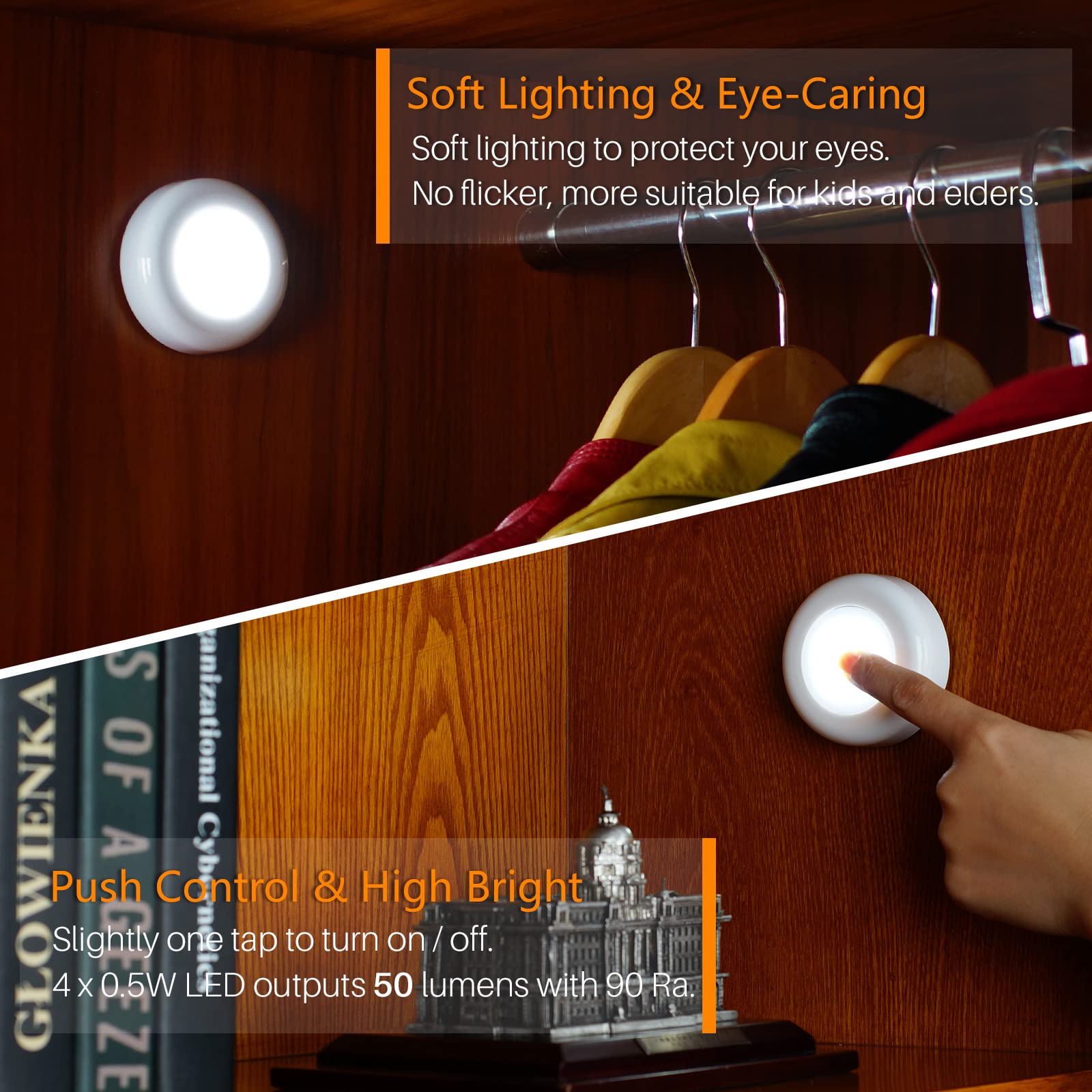 STAR-SPANGLED Push Tap Light, 2.8β Mini Night Touch LED Puck Lamp, Portable Under Cabinet Lighting AAA Battery Operated Powered, DIY Stick On Lights for Closet, Counter, Kitchen, Cool White, 5 Pack