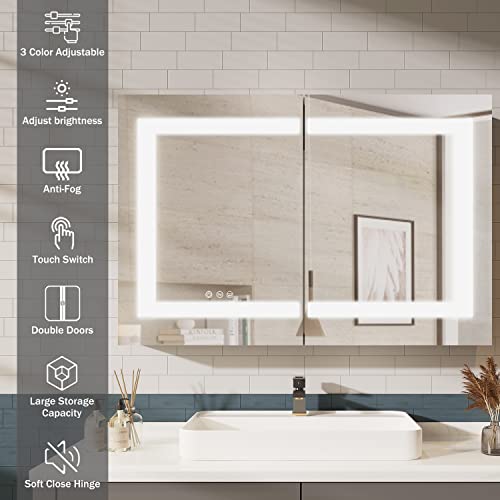 LIGMIRR Bathroom Medicine Cabinet with Lights, 36×24 Inch LED Medicine Cabinet with Mirror, Wall Cabinet with Shelves, Double Door Lighted Medicine Cabinet with Defogger, Dimmable, Wall Mount