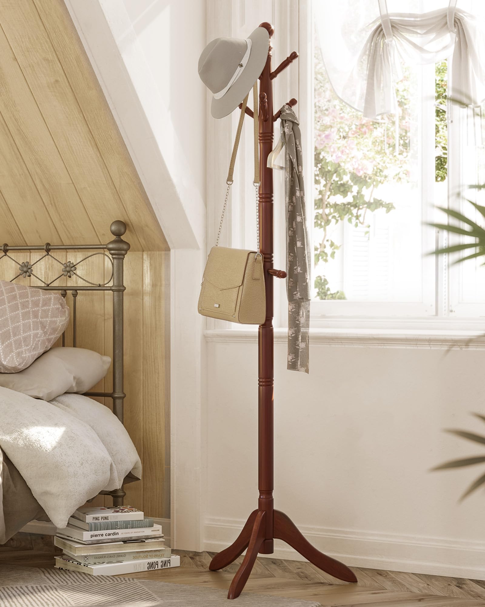 VASAGLE Solid Wood Coat Rack and Stand, Free Standing Hall Coat Tree with 10 Hooks for Hats, Bags, Purses, for Entryway, Hallway, Rubberwood, Dark Walnut URCR03WN