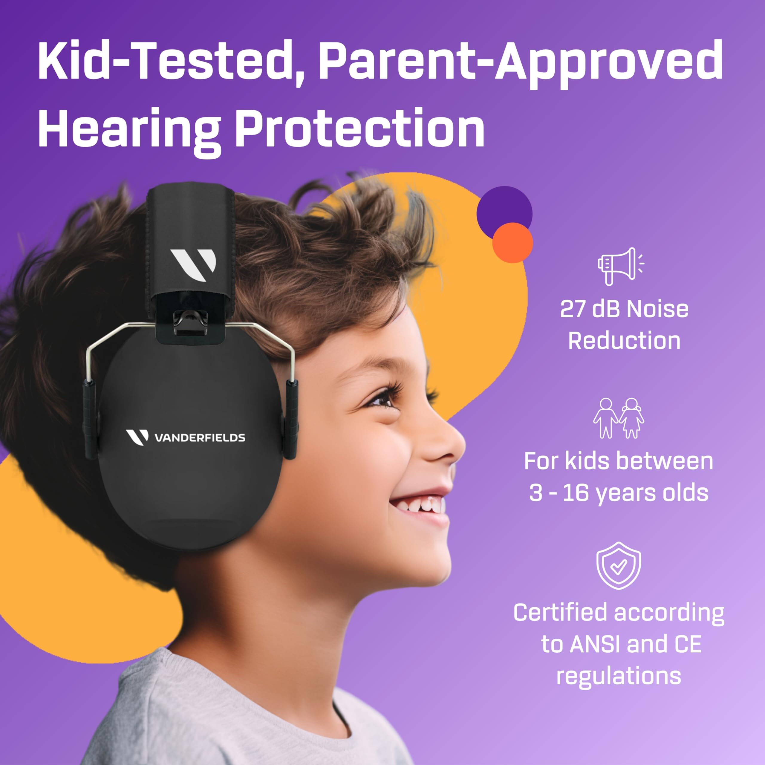 VANDERFIELDS Noise Cancelling Headphones for Kids, Age 3-16, Certified 27dB Noise Reduction, Sound Cancelling Safety Ear Muffs, Adjustable Size, Kids Ear Protection Events, Concerts, Fireworks, Autism