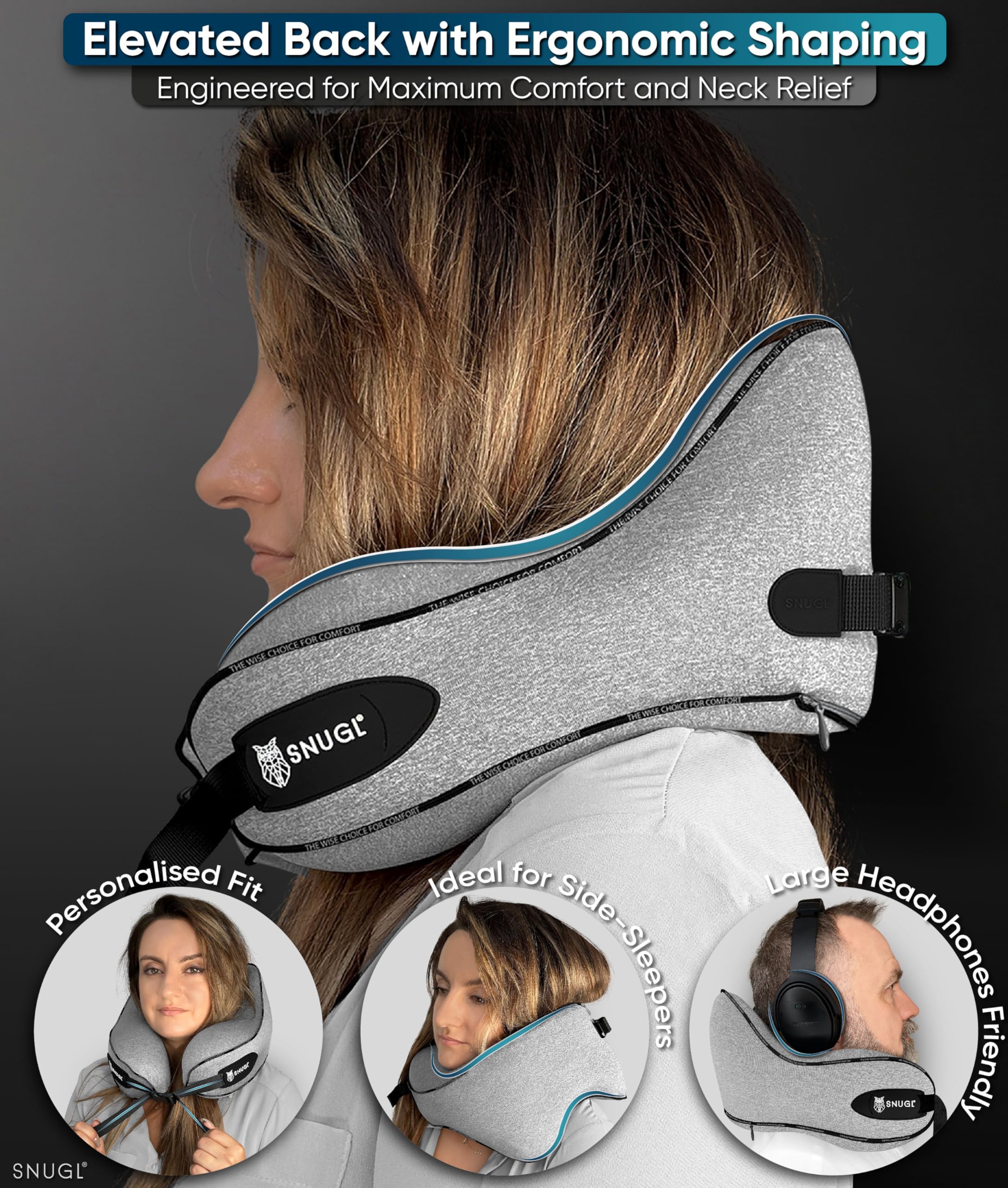 SNUGL Neck Travel Pillow - Memory Foam Airplane Pillow - Flight Pillow | Neck Support Travel Pillow with Carry Bag & Clip | Neck Pillows for Sleeping Travel Plane | Flying Travel Essentials - Grey