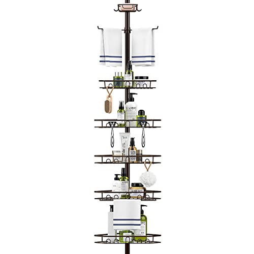 Dicasser 5 Tier Adjustable Corner Shower Caddy Organizer with Soap and Towel rack, Bathtub Storage Organizer for Shampoo Accessories, Available for 56 to 114 Inch Height, Bronze