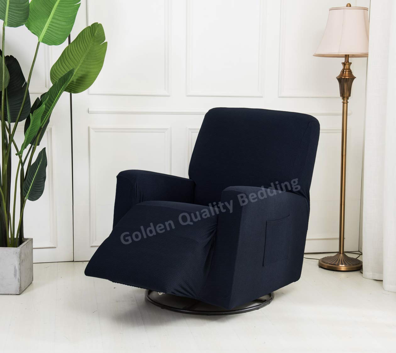 Golden Quality Bedding Stretch Recliner Slipcover One Piece Furniture Protector with Elastic Straps and Pocket Polyester Spandex Super Soft Non-Brushed Fabric Fits Most Recliner Sizes (Navy Blue)