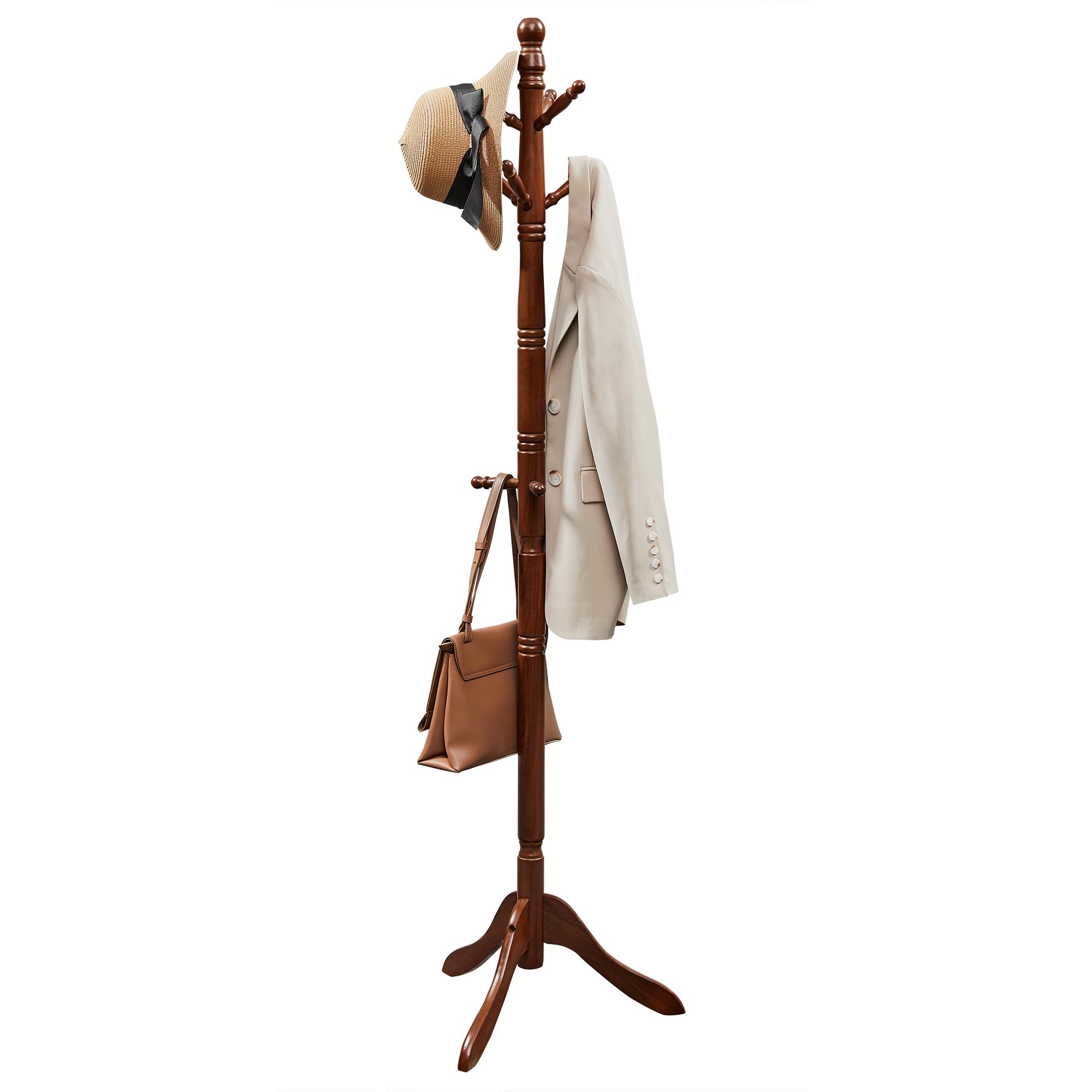 VASAGLE Solid Wood Coat Rack and Stand, Free Standing Hall Coat Tree with 10 Hooks for Hats, Bags, Purses, for Entryway, Hallway, Rubberwood, Dark Walnut URCR03WN