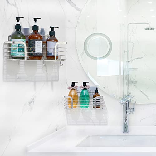 BOARWILY Adhesive Shower Caddy Shelf Organizer , Bathroom Shower Rack with Soap Dishes , 304 Stainless Steel Bathroom Shower Storage Organizer with 6 Hooks - 3 Pack , No Drilling