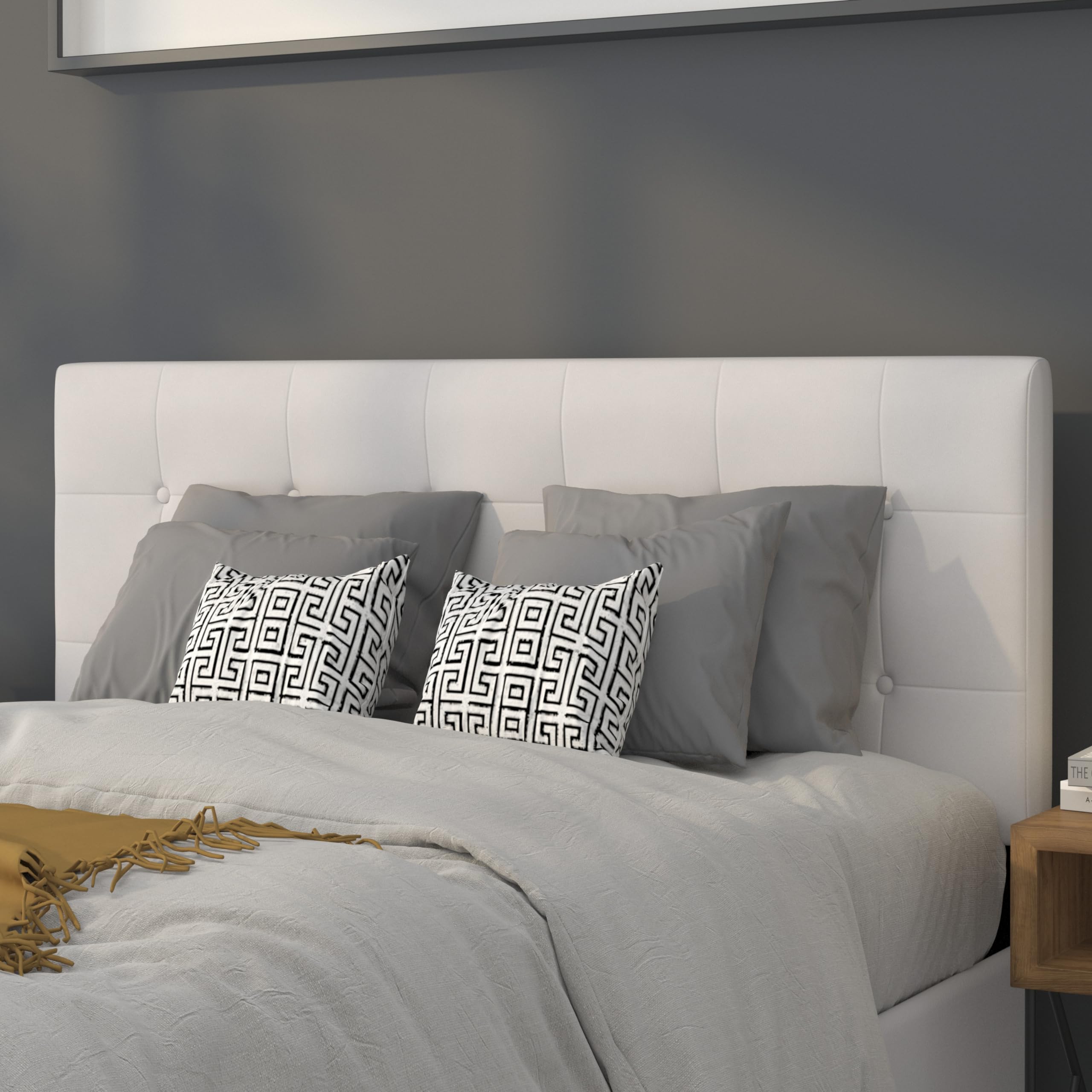 EMMA + OLIVER Button Tufted Upholstered Full Size Headboard in White Vinyl