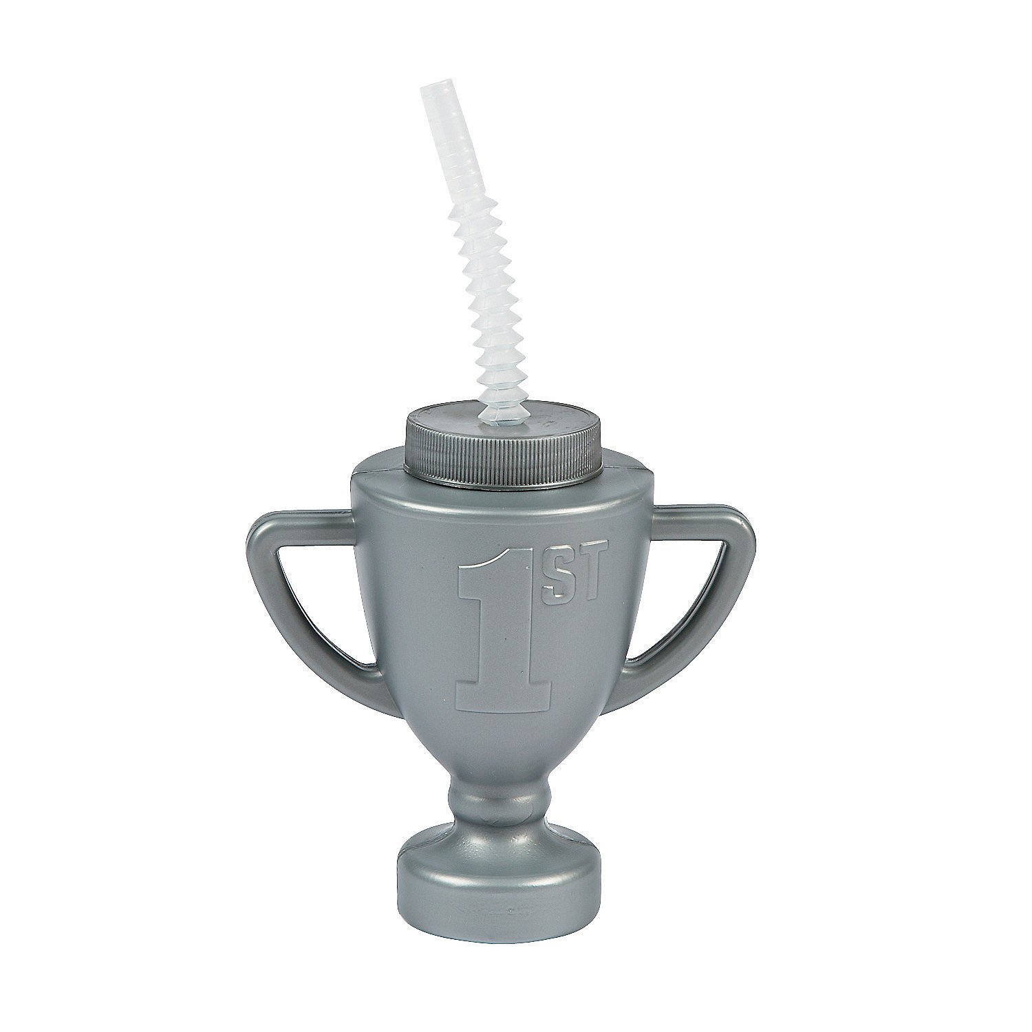 Fun Express Set of 12 Race Car Trophy Cups with Straws, Each Holds 14 oz, BPA Free Plastic, Car Birthday Party Favors and Supplies, Gray