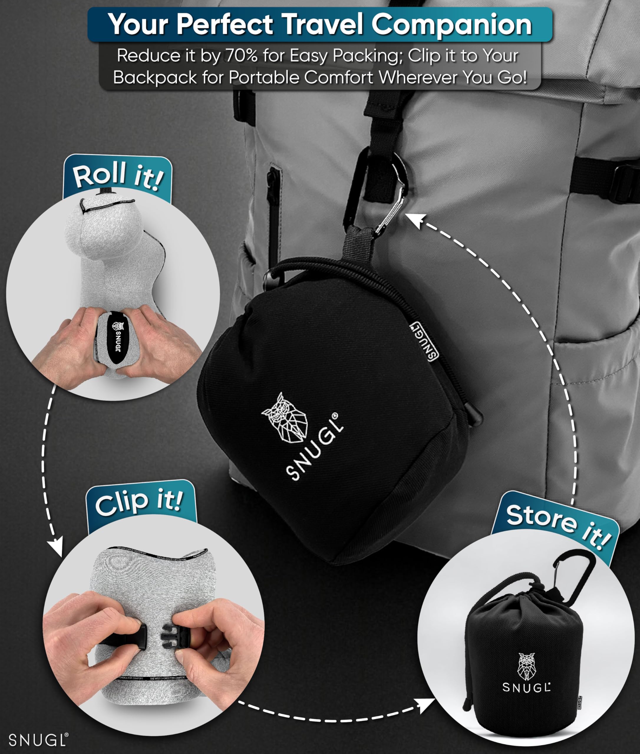 SNUGL Neck Travel Pillow - Memory Foam Airplane Pillow - Flight Pillow | Neck Support Travel Pillow with Carry Bag & Clip | Neck Pillows for Sleeping Travel Plane | Flying Travel Essentials - Grey