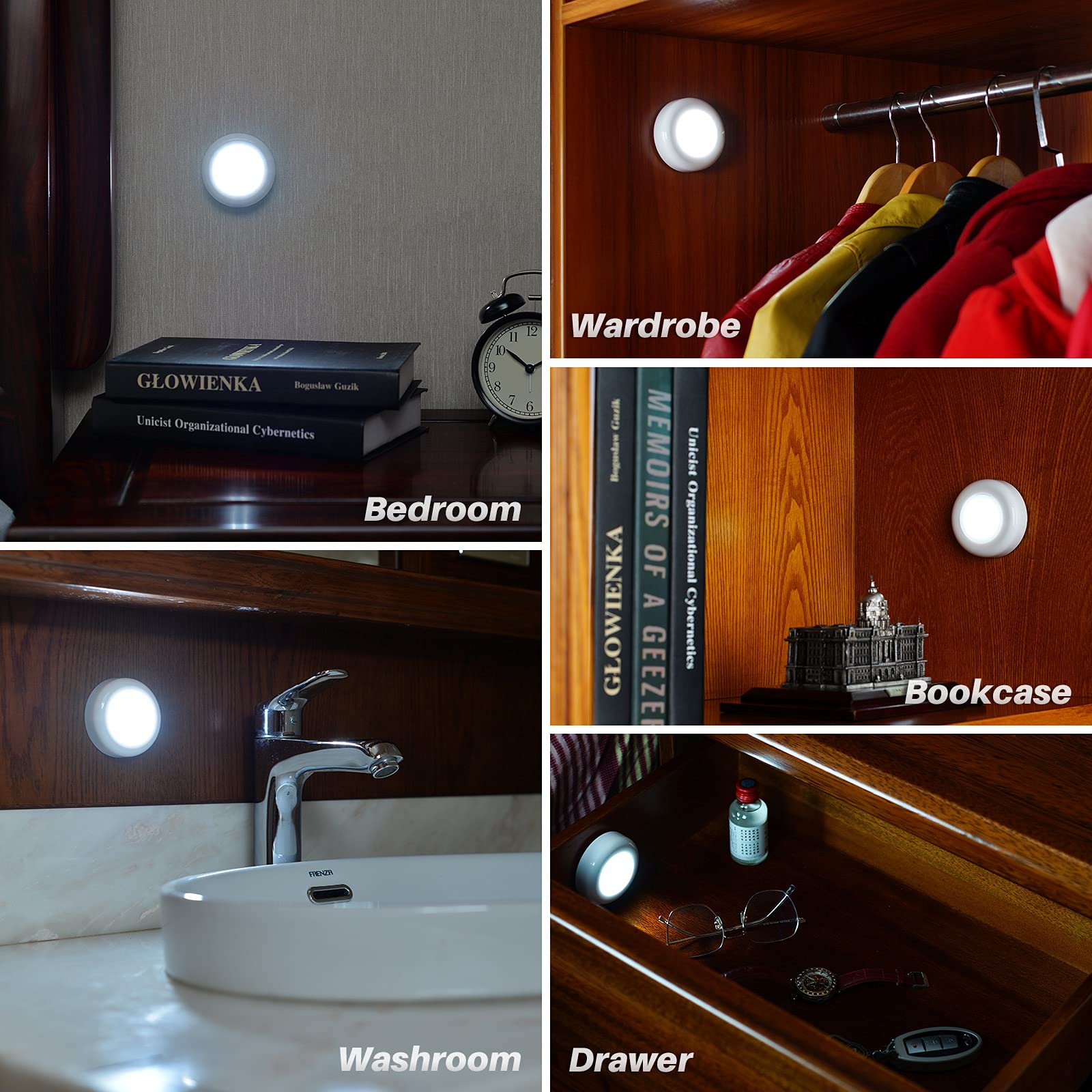 STAR-SPANGLED Push Tap Light, 2.8β Mini Night Touch LED Puck Lamp, Portable Under Cabinet Lighting AAA Battery Operated Powered, DIY Stick On Lights for Closet, Counter, Kitchen, Cool White, 5 Pack