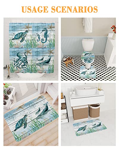 4 Pcs Shower Curtain Set with 12 Hooks Sea Turtle Octopus Whale Wood Grain Bathroom Sets with Non-Slip Bath Mat Toilet Lid Cover Waterproof Durable Shower Curtain and Rugs