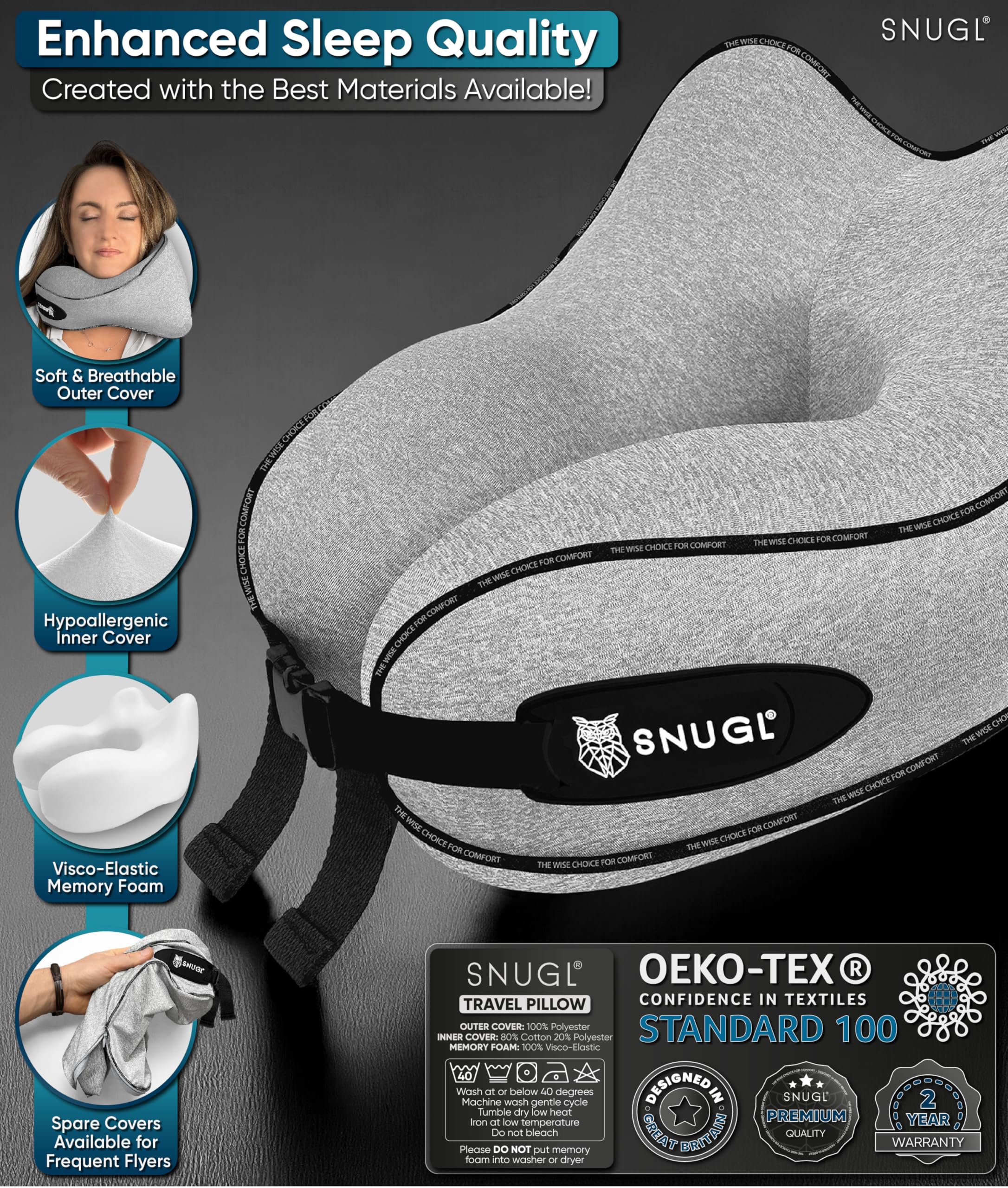 SNUGL Neck Travel Pillow - Memory Foam Airplane Pillow - Flight Pillow | Neck Support Travel Pillow with Carry Bag & Clip | Neck Pillows for Sleeping Travel Plane | Flying Travel Essentials - Grey