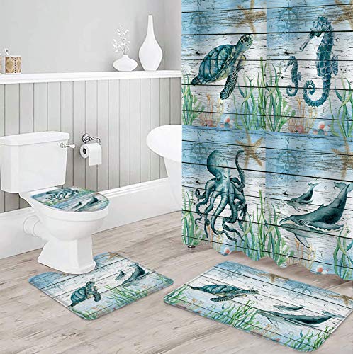 4 Pcs Shower Curtain Set with 12 Hooks Sea Turtle Octopus Whale Wood Grain Bathroom Sets with Non-Slip Bath Mat Toilet Lid Cover Waterproof Durable Shower Curtain and Rugs