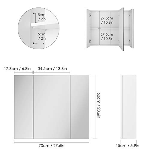 SHUANGZ Bathroom Medicine Cabinet with 3 Doors, 27.6 X 23.6 Inch Wall Mirror Cabinet Multipurpose Storage Organizer Adjustable Shelves, White