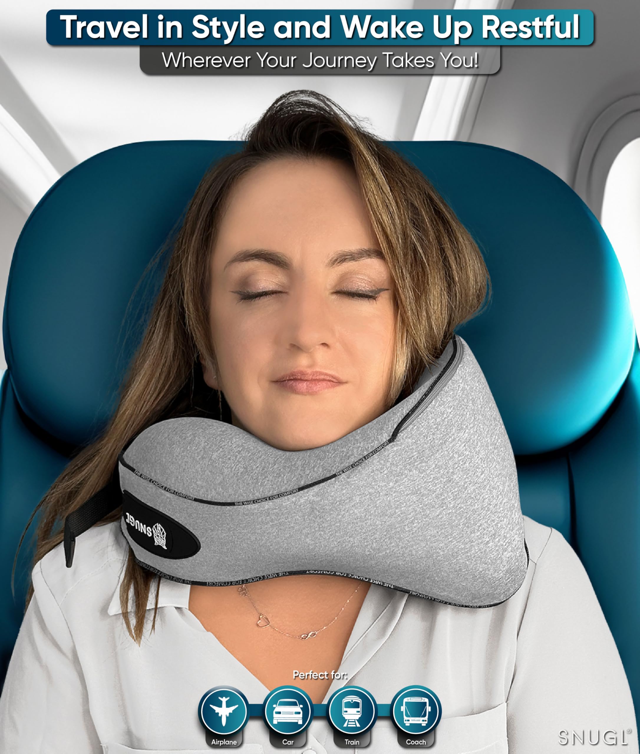 SNUGL Neck Travel Pillow - Memory Foam Airplane Pillow - Flight Pillow | Neck Support Travel Pillow with Carry Bag & Clip | Neck Pillows for Sleeping Travel Plane | Flying Travel Essentials - Grey