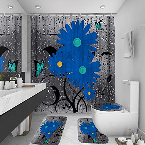 ALEXEX 4Pcs Blue Daisy Shower Curtain Sets with Non-Slip Rugs, Toilet Lid Cover and Bath Mat, Floral Butterfly Bathroom Decor Set Accessories Waterproof Shower Curtains with 12 Hooks, 72 x 72 Inch
