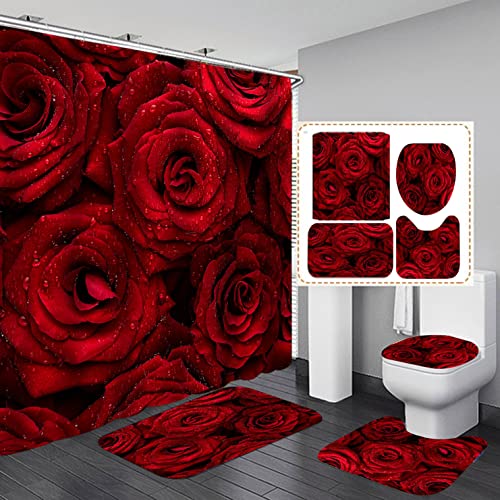 4pcs Red Roses Bathroom Sets with Shower Curtains and Rugs for Women Romantic Red Roses Shower Curtains with Nonslip Rugs and Soft Bath Mat Toilet Seat Cover for Valentines’ Day Gifts