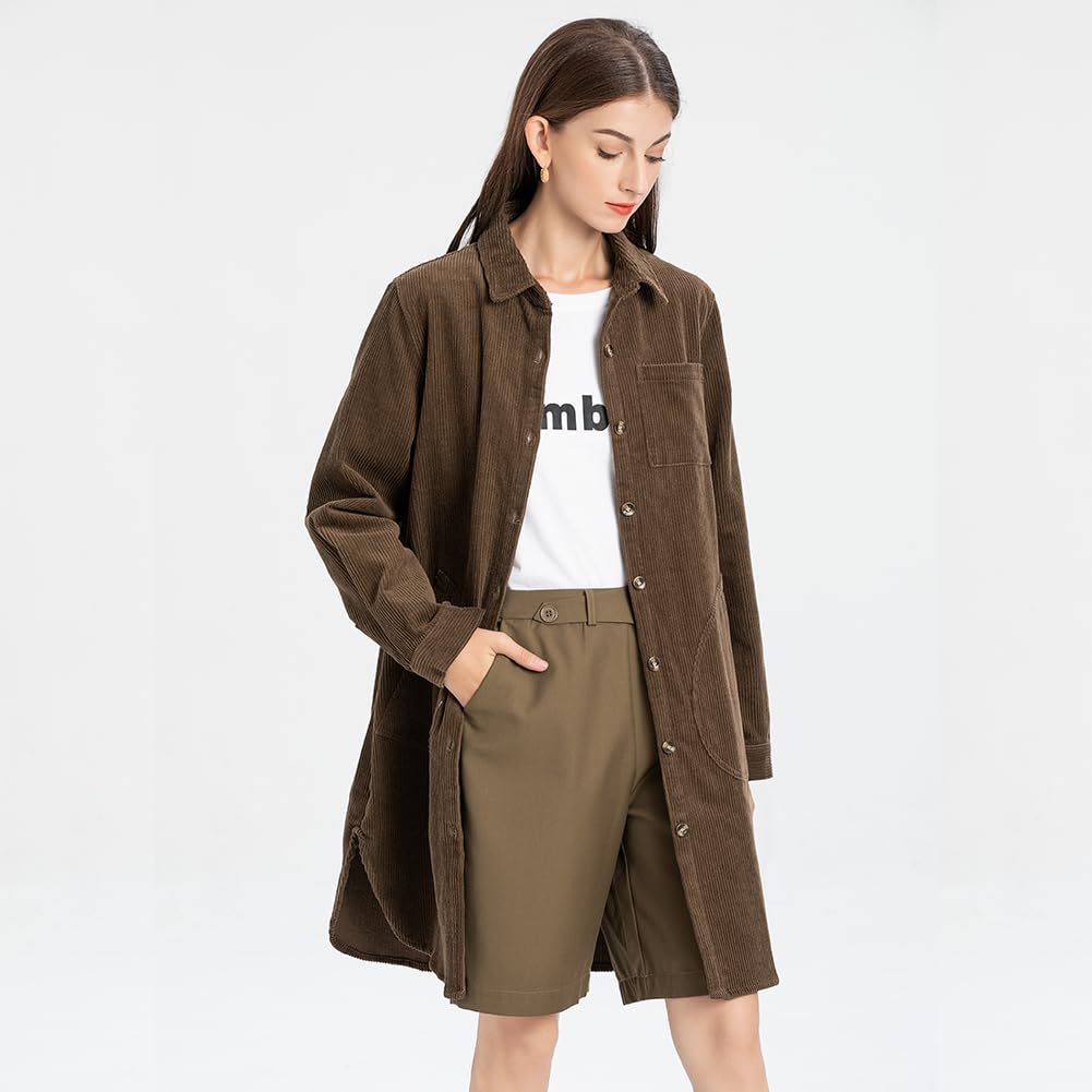Minibee Women's Corduroy Shirt Coats Long Sleeve Button Down Blouses Tops with Pockets Coffee XL