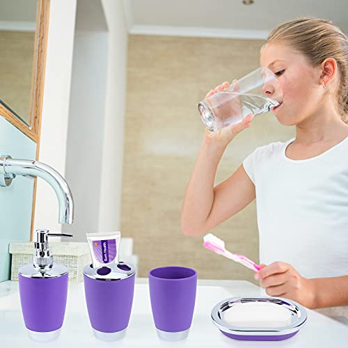 Yosoo 6 Piece Bathroom Accessory Set, Plastic Gift Set Toothbrush Holder Toothbrush Cup Soap Dispenser Soap Dish Toilet Brush Holder Trash Can Tumbler Straw Set Bathroom, Purple