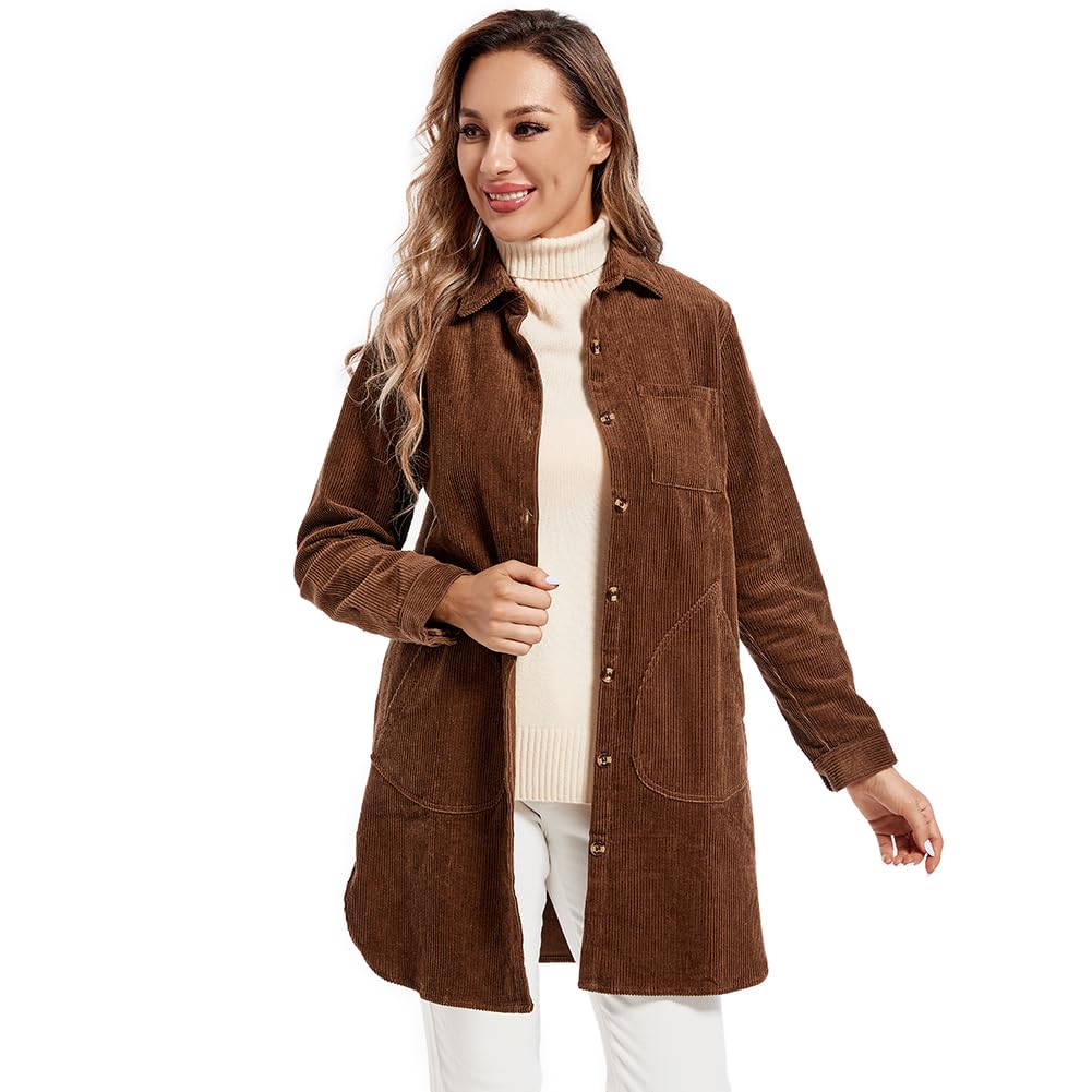 Minibee Women's Corduroy Shirt Coats Long Sleeve Button Down Blouses Tops with Pockets Coffee XL