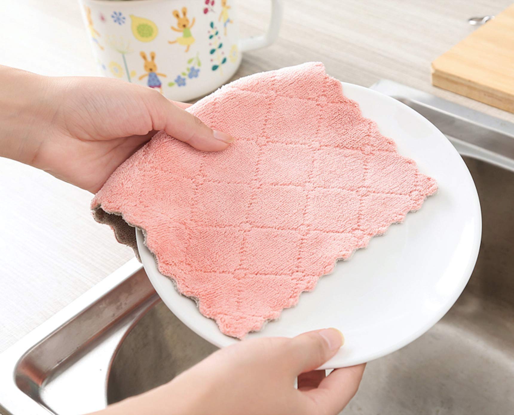 kimteny 12 Pack Kitchen Cloth Dish Towels, Premium Dishcloths, Super Absorbent Coral Velvet Dishtowels, Nonstick Oil Washable Fast Drying (Pink-Grey)