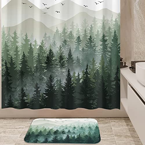 Accnicc Green and White Misty Forest Shower Curtain Bundle with Green Misty Forest Small Bathroom Rugs Mat Non-Slip Bath Rugs