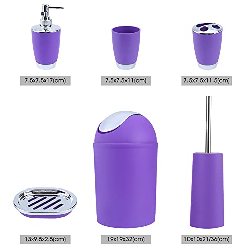 Yosoo 6 Piece Bathroom Accessory Set, Plastic Gift Set Toothbrush Holder Toothbrush Cup Soap Dispenser Soap Dish Toilet Brush Holder Trash Can Tumbler Straw Set Bathroom, Purple