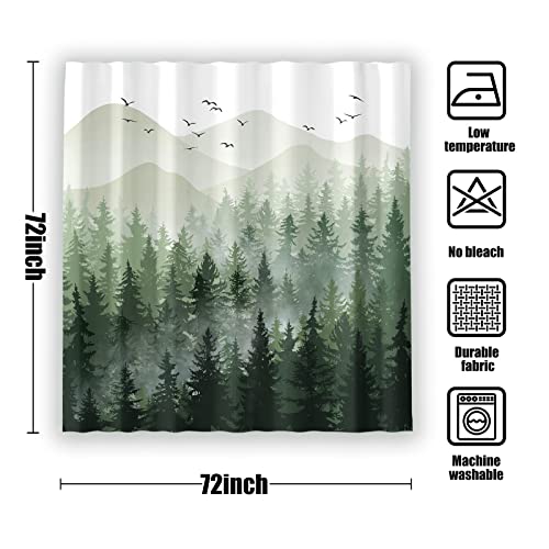 Accnicc Green and White Misty Forest Shower Curtain Bundle with Green Misty Forest Small Bathroom Rugs Mat Non-Slip Bath Rugs