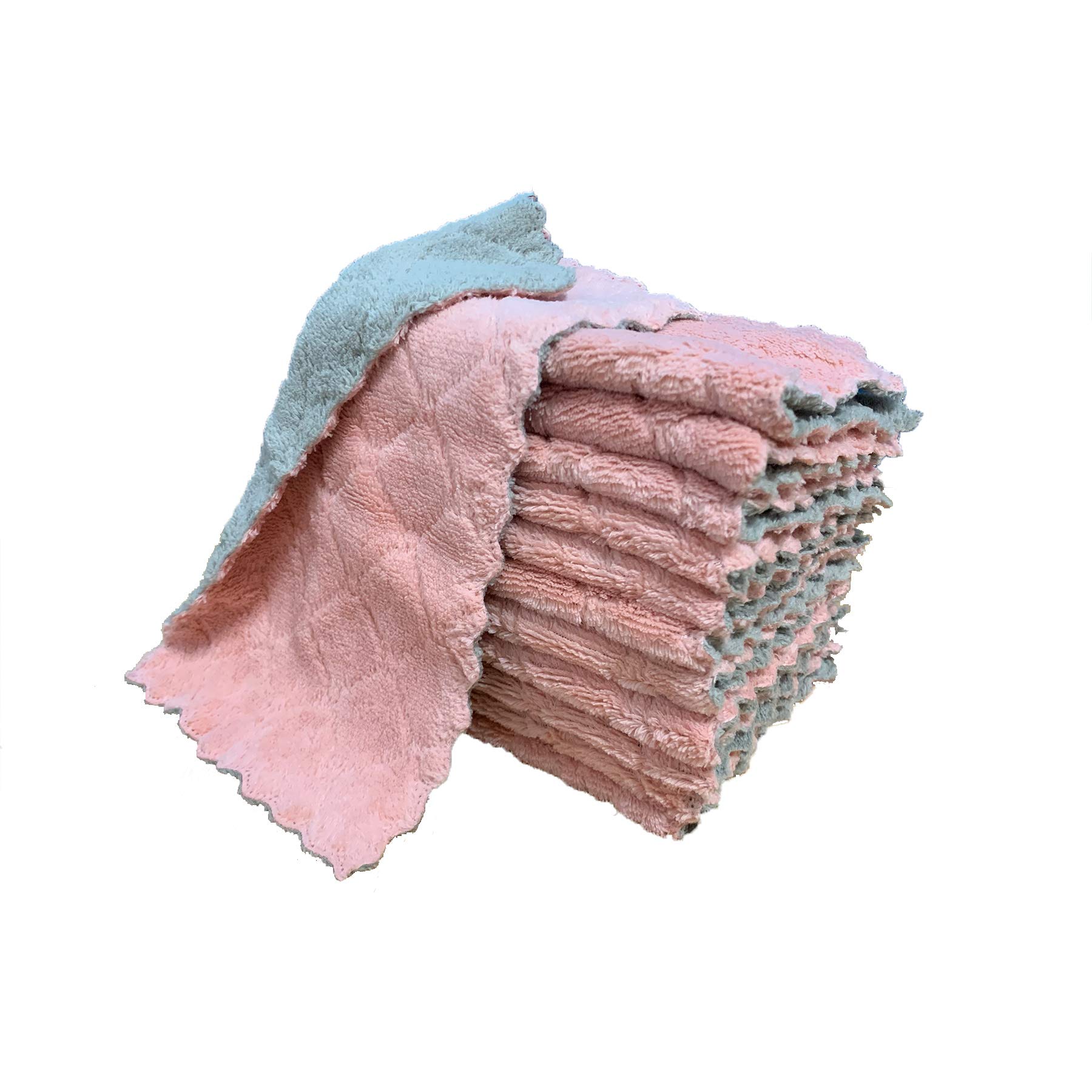 kimteny 12 Pack Kitchen Cloth Dish Towels, Premium Dishcloths, Super Absorbent Coral Velvet Dishtowels, Nonstick Oil Washable Fast Drying (Pink-Grey)