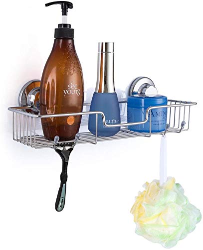 ARCCI Suction Shower Caddy, Shower Shelf Basket with Hooks, Wall Mounted Bathroom Organizer - 304 Stainless Steel Shower Rack for Shampoo, Conditioner Razor, 2 Sets