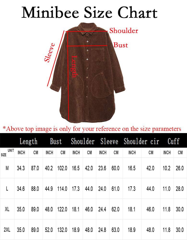 Minibee Women's Corduroy Shirt Coats Long Sleeve Button Down Blouses Tops with Pockets Coffee XL