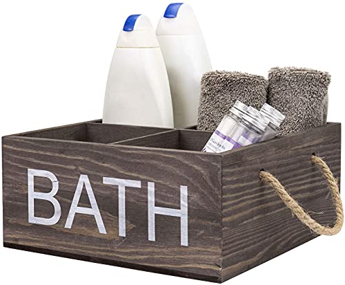 MyGift Bathroom Organizer 4 Cup Bin, 4-Compartment Rustic Dark Brown Wood Bath Caddy Storage Crate with Rope Handles