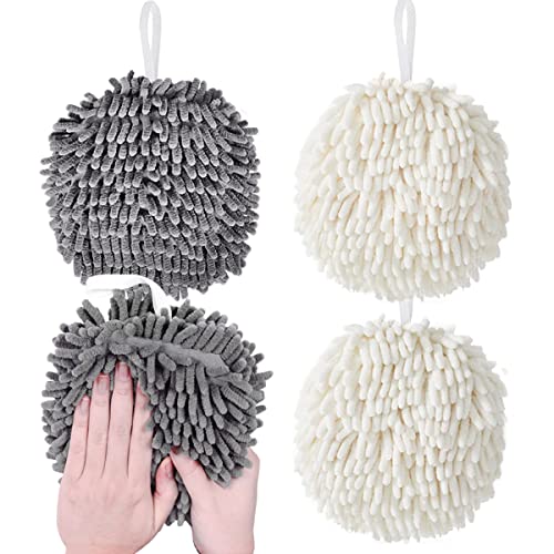 Yigood 4 PCS Chenille Hanging Hand Towels Quick Dry Hanging Absorbent Soft Hand Bath Towel, Bathroom Fluffy Microfiber Decorative Towels Ball，Cleaning Cloth for Bathroom Kitchen