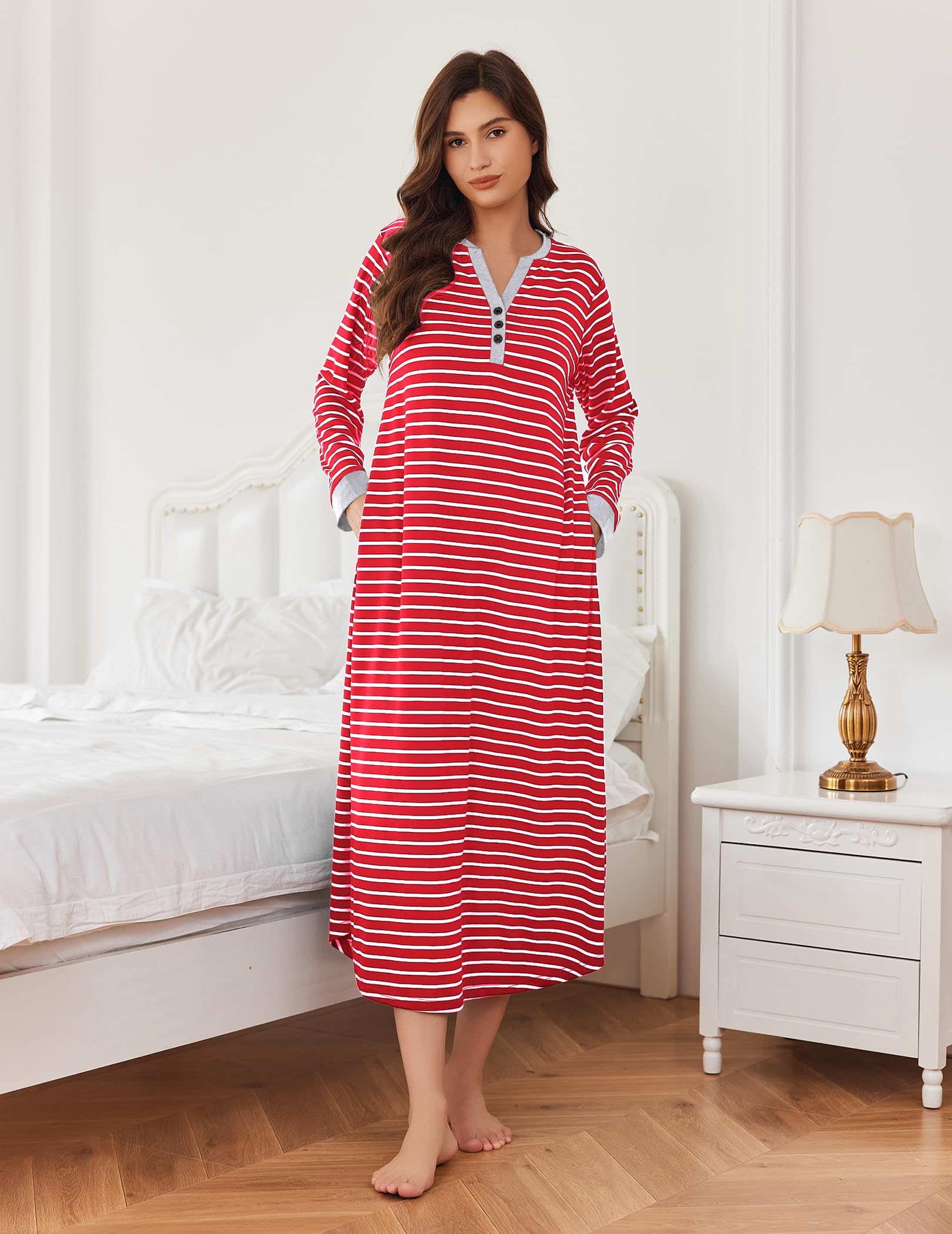 Ekouaer Women Striped Nightgown Long Loungewear Nightshirt Sleepwear with Pockets Red Stripe, X-Large