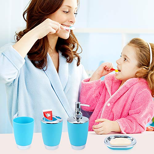 Blue Bathroom Accessories Set, 6Pcs Plastic Bathroom Accessory Set with Cup Toothbrush Holder Soap Holder Hand Sanitizer Bottle Bin Toilet Brush for Home Bathroom Use