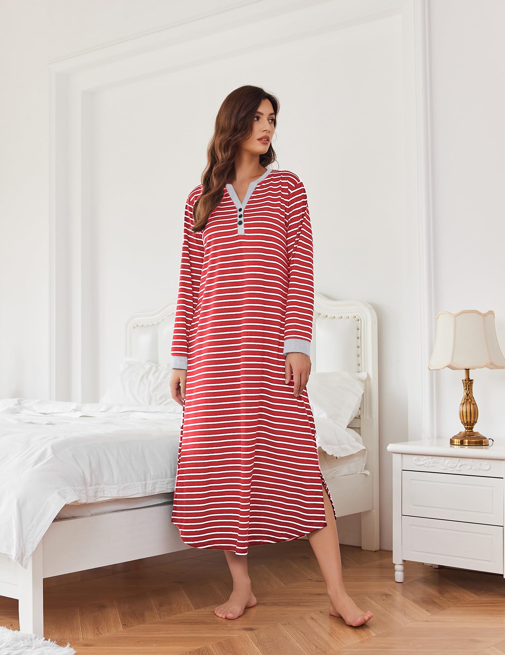 Ekouaer Women Striped Nightgown Long Loungewear Nightshirt Sleepwear with Pockets Red Stripe, X-Large