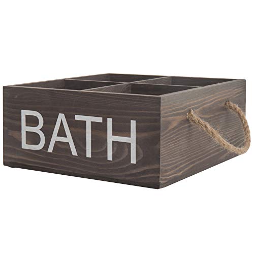 MyGift Bathroom Organizer 4 Cup Bin, 4-Compartment Rustic Dark Brown Wood Bath Caddy Storage Crate with Rope Handles