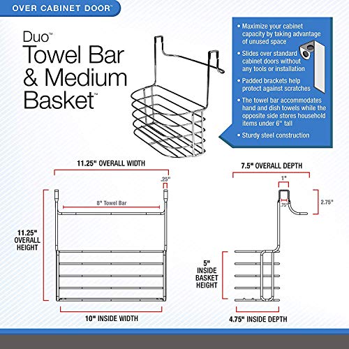 Spectrum Diversified Duo Over-The-Cabinet Towel Bar & Medium Basket, No Installation 2-in-1 Basket & Towel Bar, Under Sink Storage & Organization, Small, Chrome