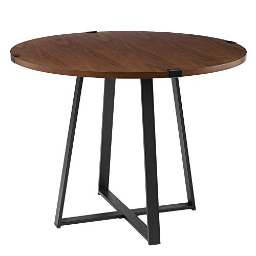 Walker Edison 4 Person Round Industrial Modern Wood Small Dining Table Dining Room Kitchen Table Set Dining Chairs Set, 40 Inch, Dark Walnut and Black