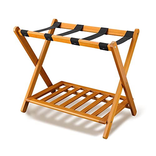 Stony Edge Folding Luggage Rack | Honey Oak Wood Finish, 27x16x22 Inches | Perfect for guest room with Extra Shelf Storage | Suitable for Luggage, Suitcase and Shoes