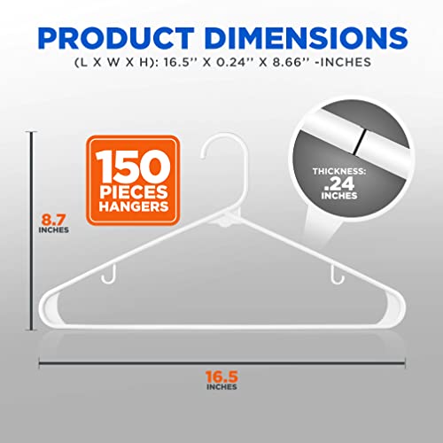 White Standard Plastic Hangers, Mega Pack,150 Pieces Hangers for Clothes, Durable Tubular Hanger Slip Design Cloth Hanger Set with 2 Integrated Strap Hook Design