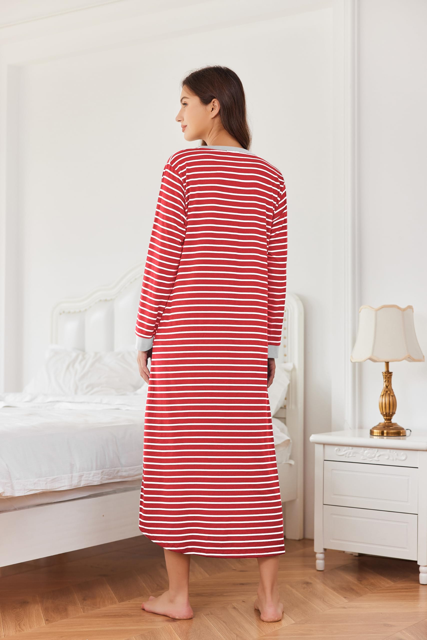 Ekouaer Women Striped Nightgown Long Loungewear Nightshirt Sleepwear with Pockets Red Stripe, X-Large