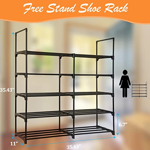 JUMAIPRO 5-Tiers Shoe Rack, 20 Pairs Shoe Storage Organizer, Double Row Free Standing Shoe Racks, Metal Stackable Shoe Tower, Black Shoe Shelf for Entryway Closet Bedroom Hallway Patio