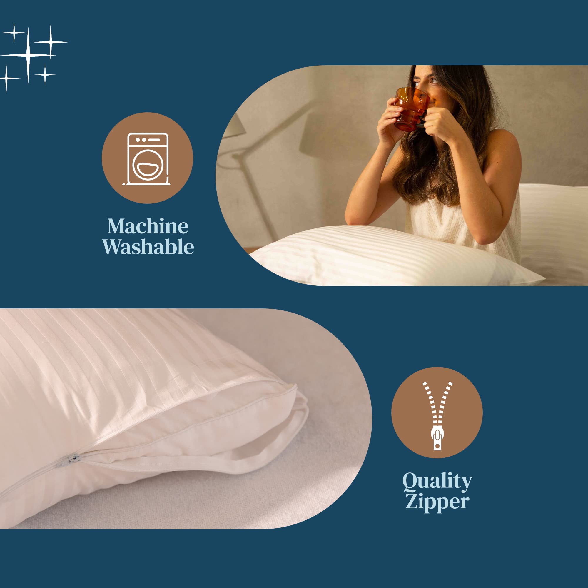 FeelAtHome 100% Cotton Sateen Pillow Cover 300 Thread Count with Waterproof Zipper- 20 x 26 Inches (Pack of 2, Standard) - Noiseless Pillowcase Covers - Zippered Breathable Pillow Case